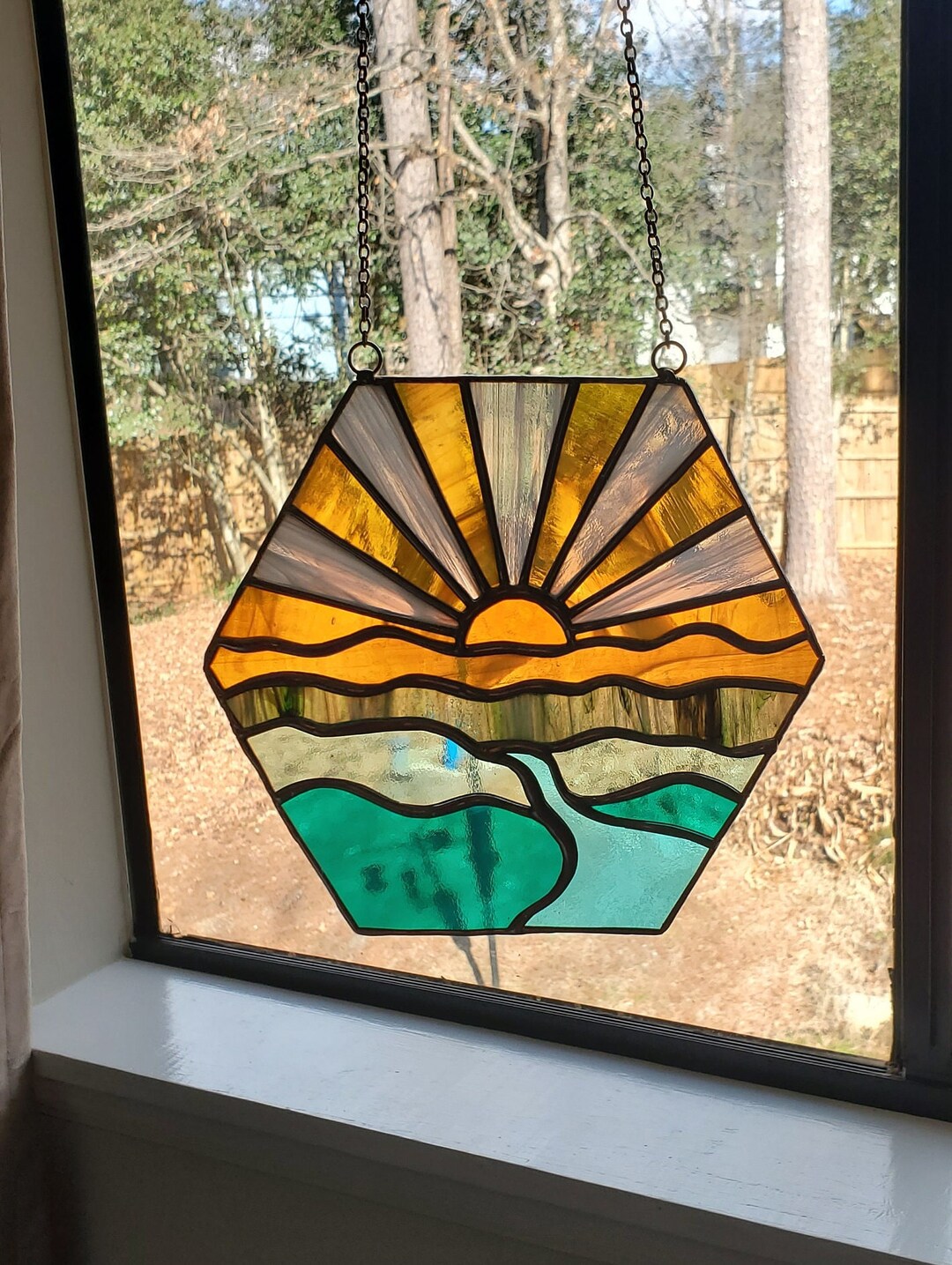 Stained Glass Sunrise Hexagon Landscape Suncatcher, Boho, Home Decor ...