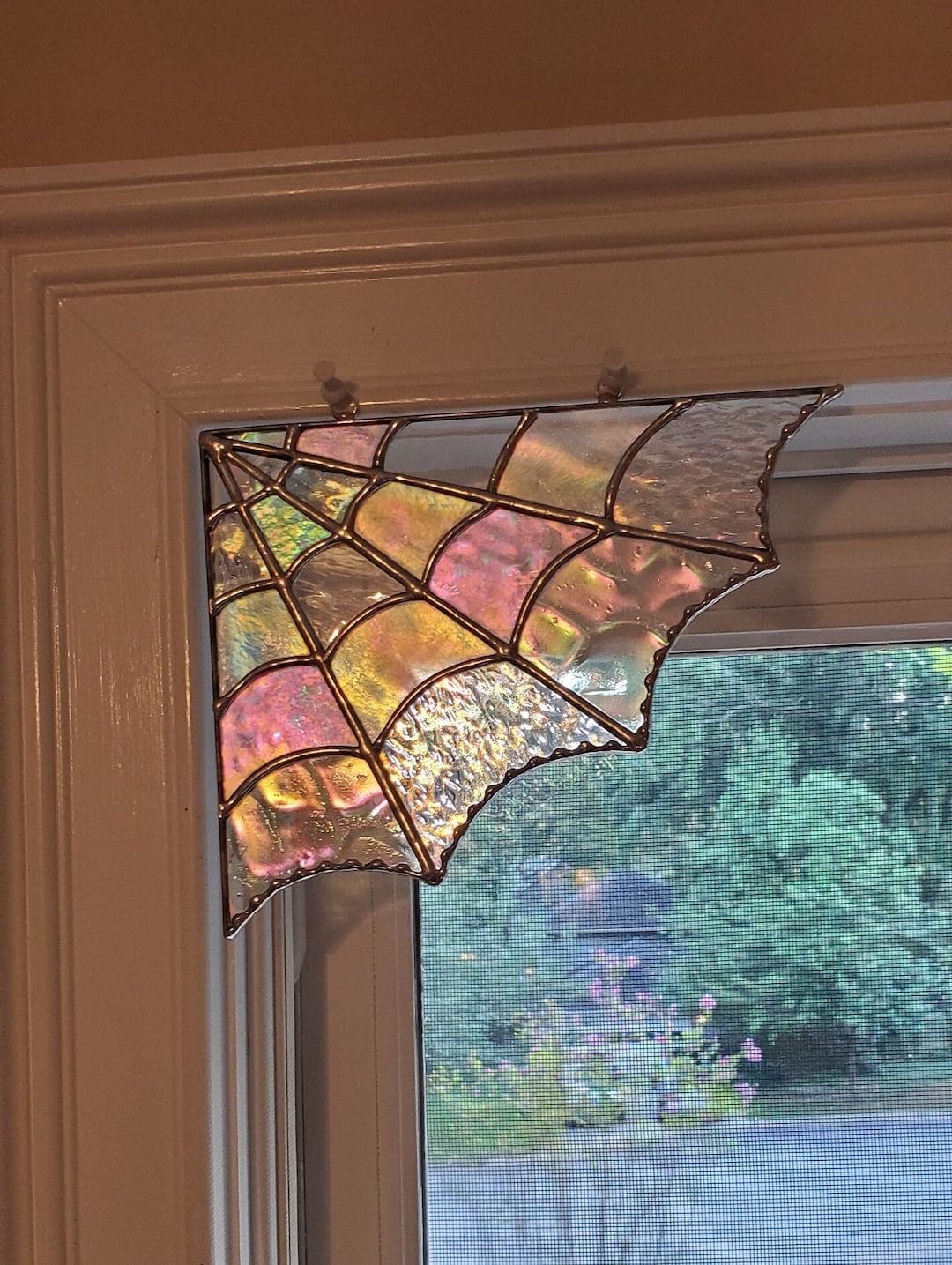 Stained Glass Spider Web, Halloween Decor, Suncatcher, Corner Spider ...