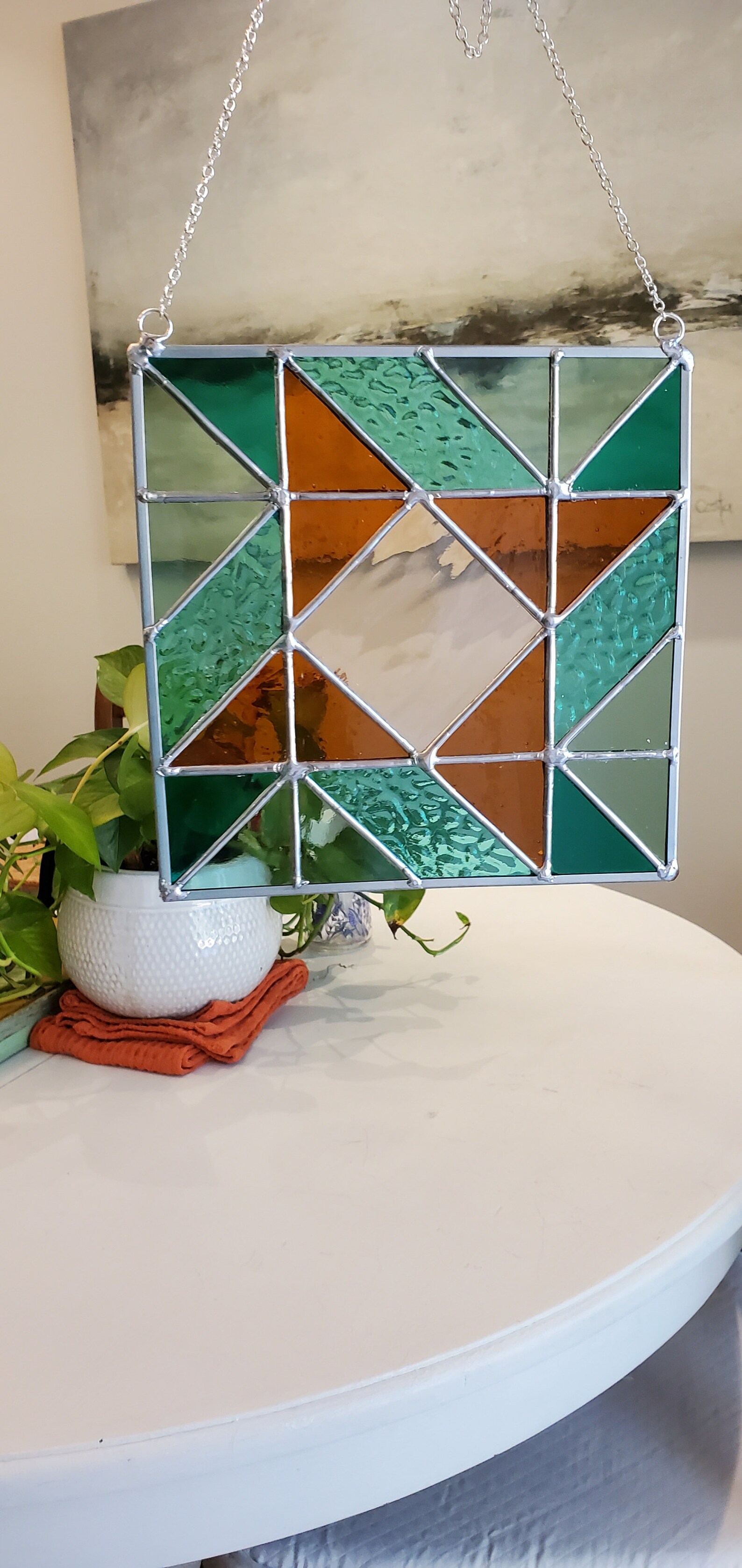 Stained Glass Square Panel, Geometric, Quilt, Suncatcher, Window Art ...