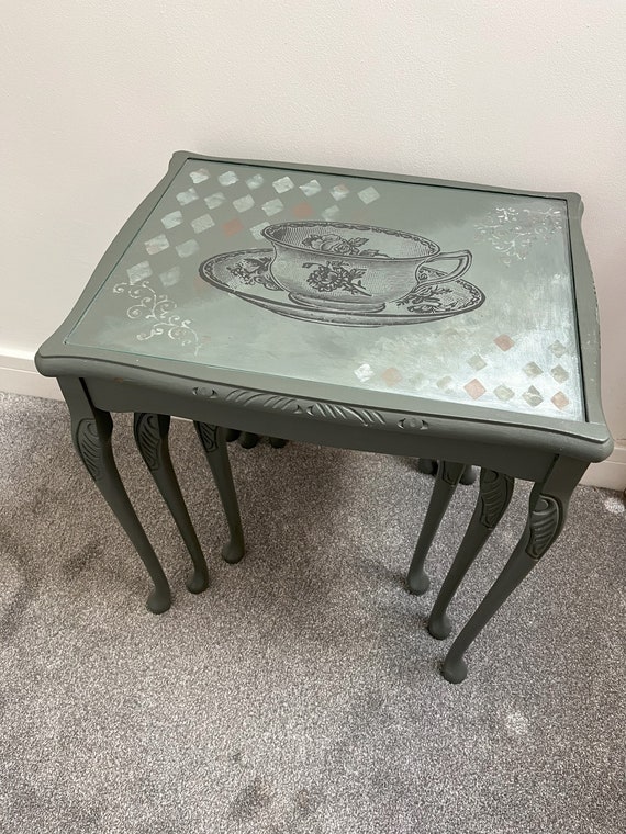 Green Glass Topped Coffee Table Nest Etsy