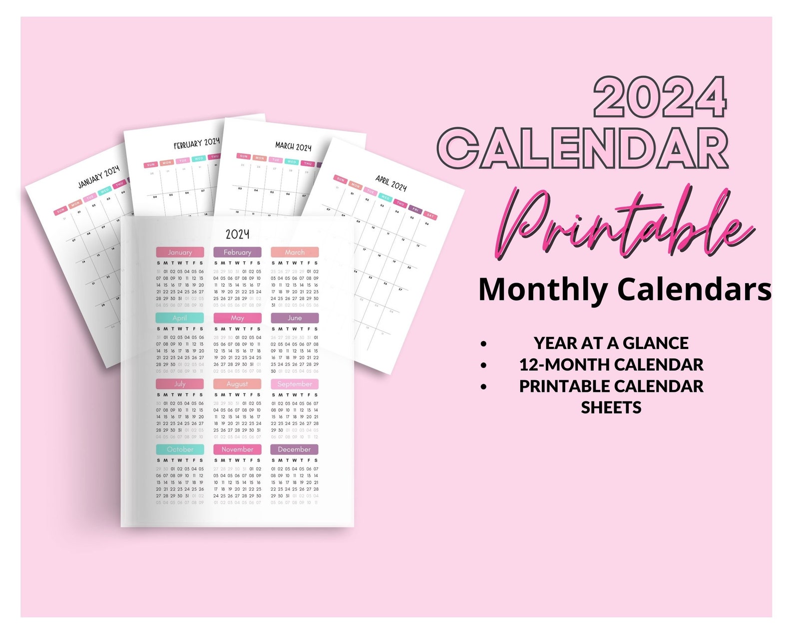 2024 Monthly Calendars, 2024 Year at a Glance, Happy Planner Printables ...