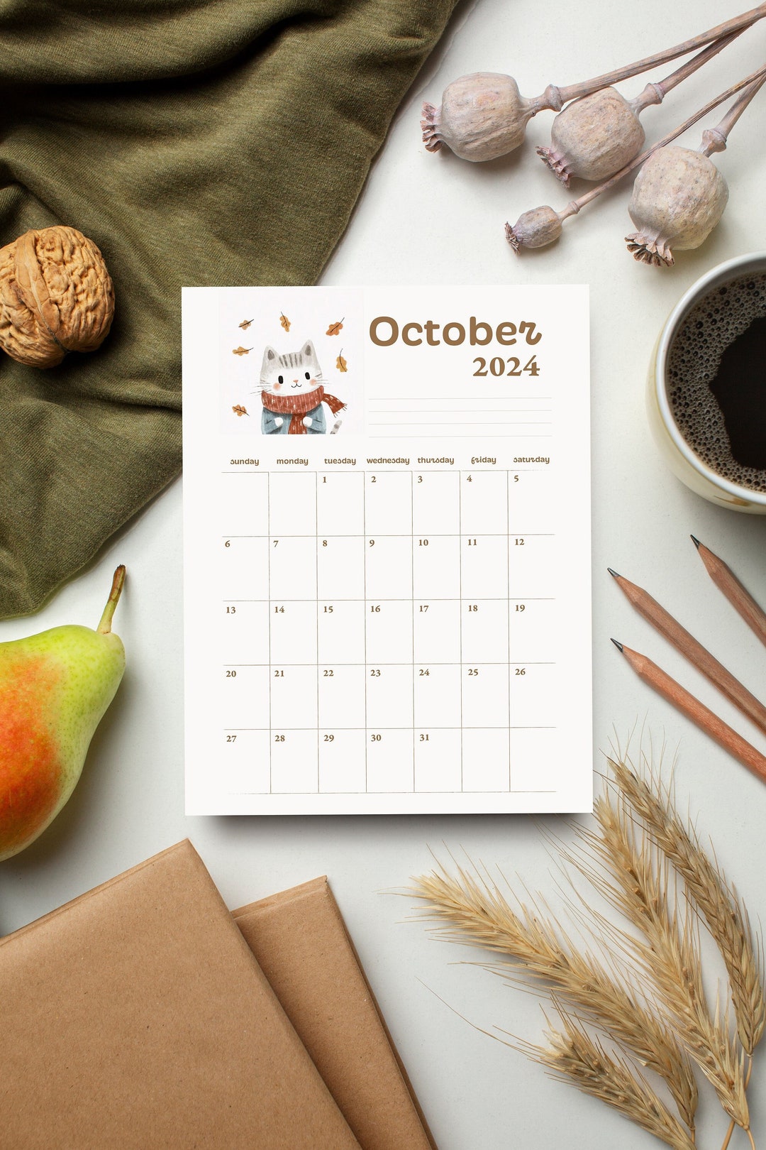 October Calendar for 2024 Calendar for Cat Lover Calendar for Digital ...