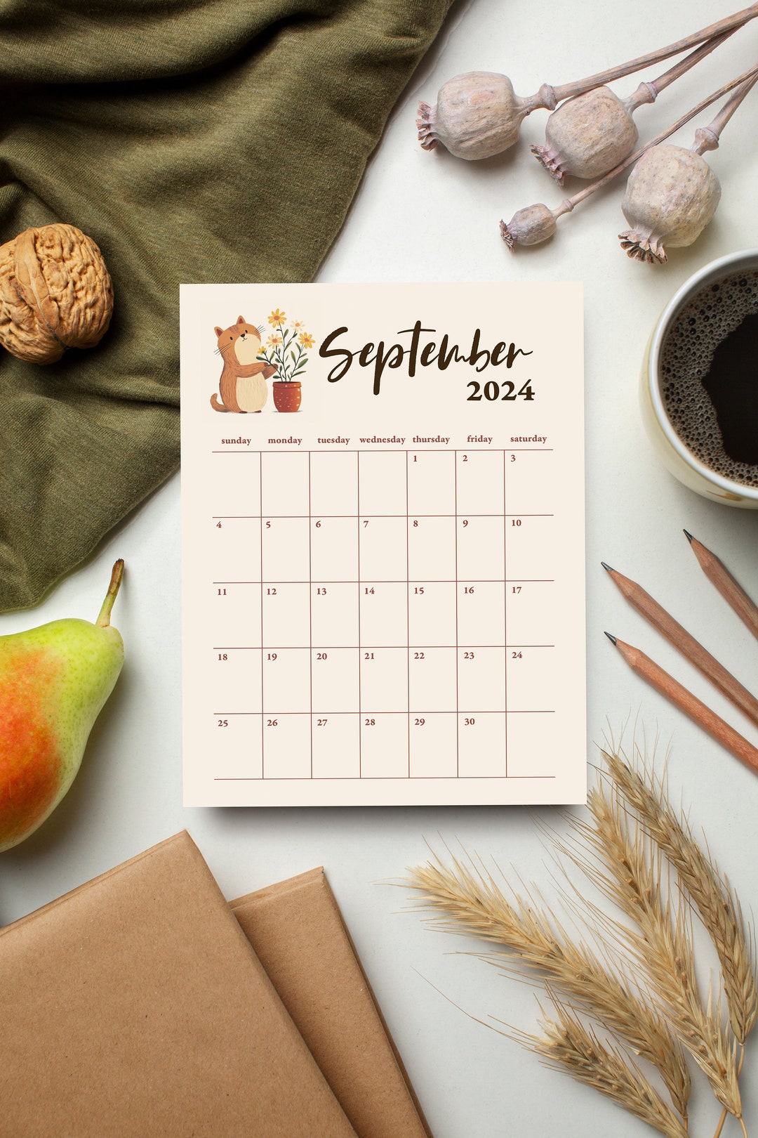 September Calendar for 2024 Calendar for Cat Lover Calendar for Digital ...