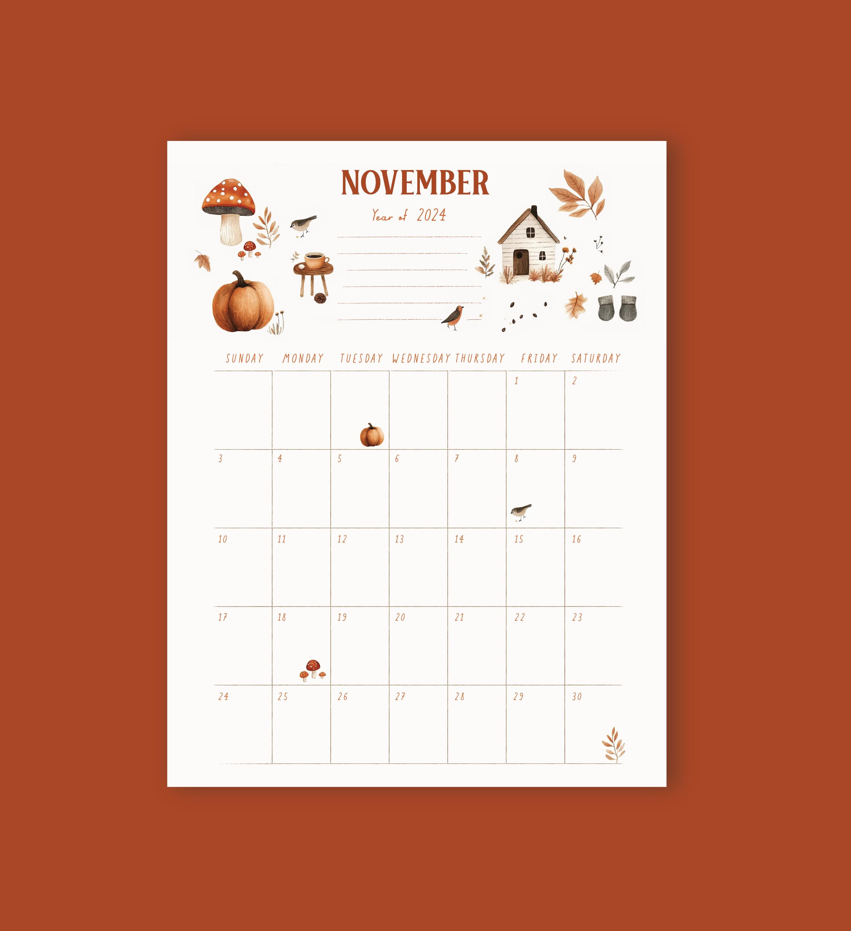 November Calendar for 2024 Calendar for Nature Watercolor Illustration ...