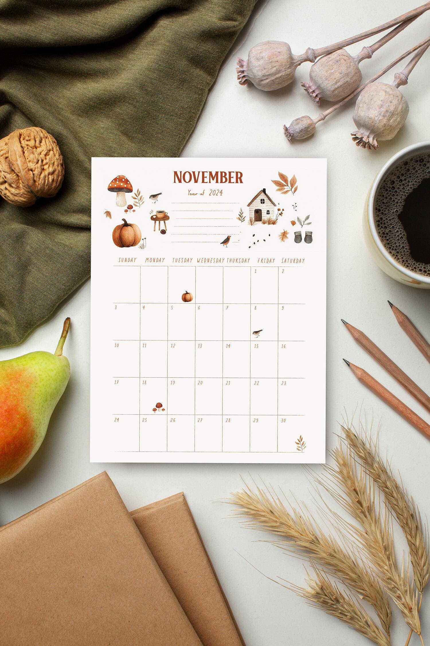 November Calendar for 2024 Calendar for Nature Watercolor Illustration ...