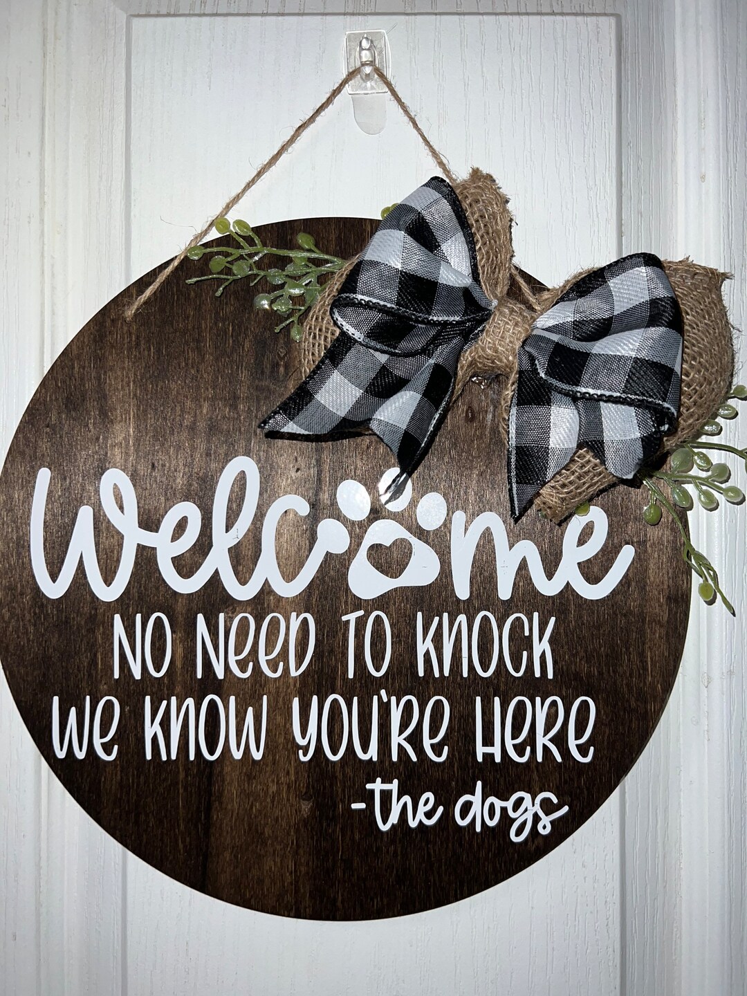 Burlap and Buffalo Plaid Welcome Sign, No Need to Knock Door Sign, Dogs ...