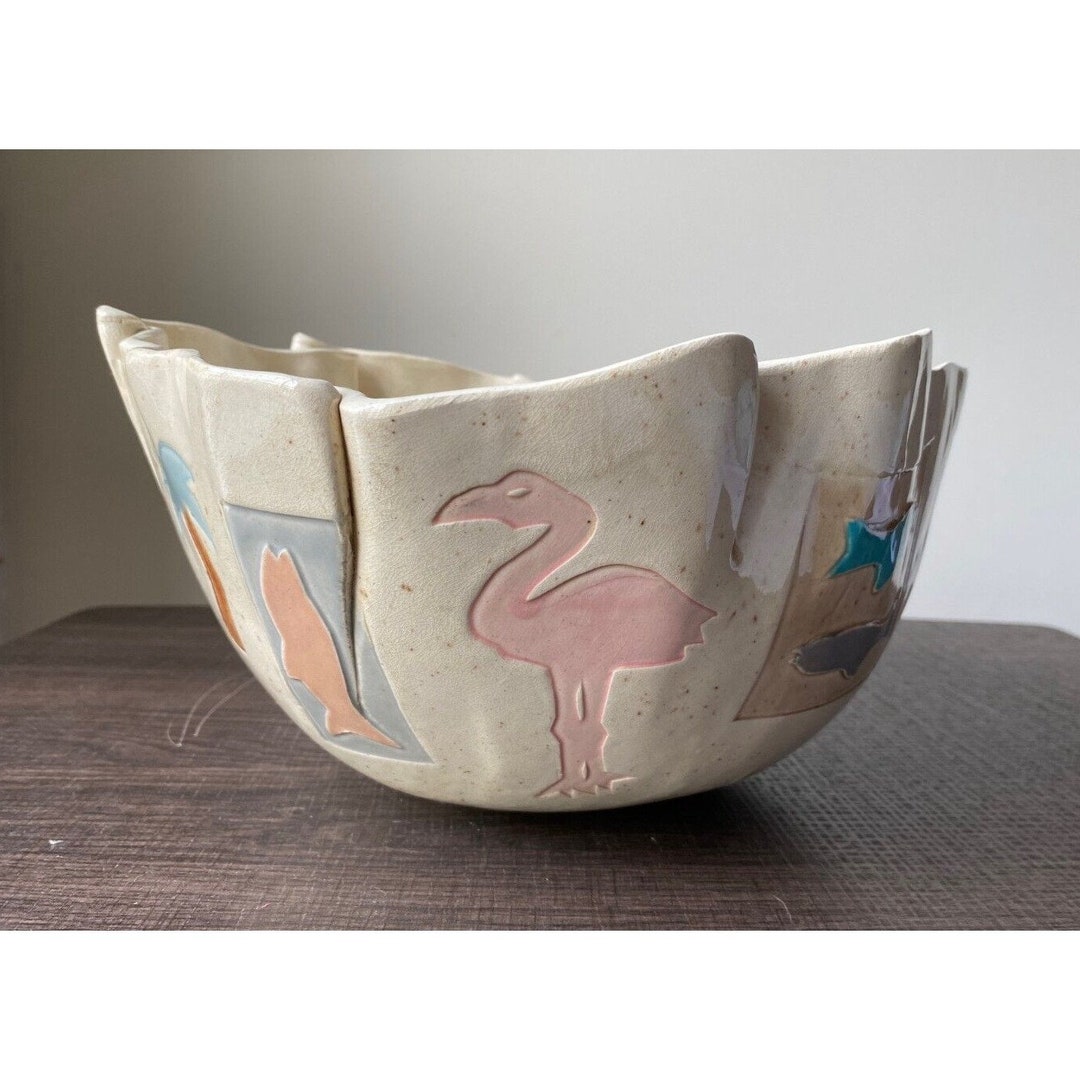 Vintage BARBARA DEMERY 12" Tropical Pinched Free Form Art Pottery Bowl ...