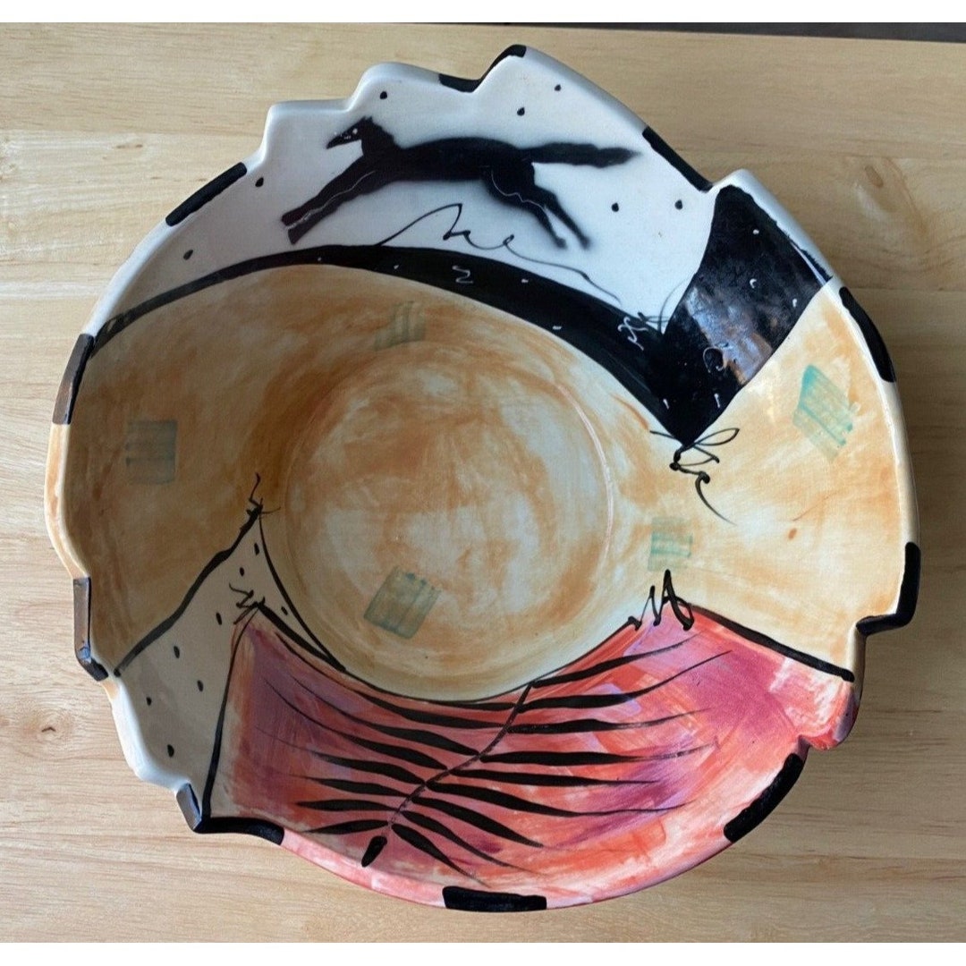 Vintage CAROLINE COONS Multi-color Abstract Art Pottery Bowl With Black ...