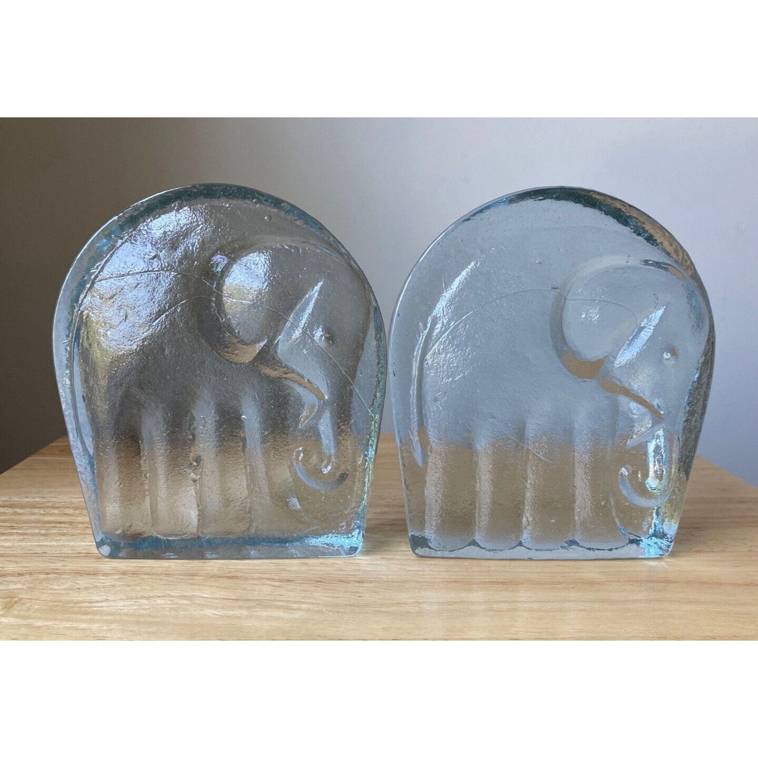 2 Mid-century BLENKO Clear Glass Elephant Bookends - Joel Myers ...