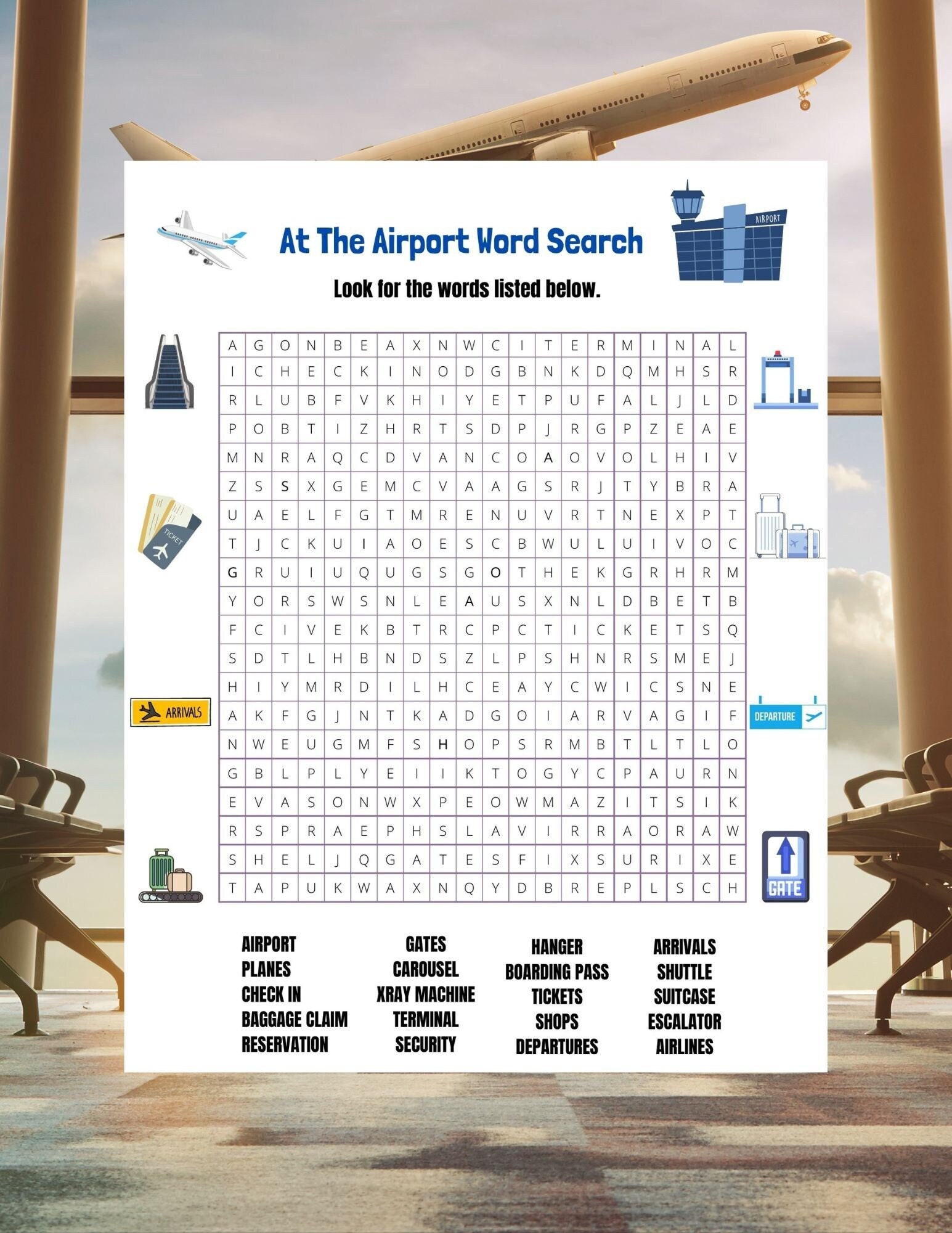 At the Airport Word Search Puzzle - Etsy Australia
