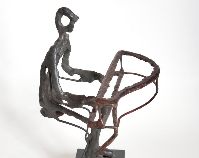Brutalist Piano Player Sculpture, Cast Metal Abstract Statue of A Man ...