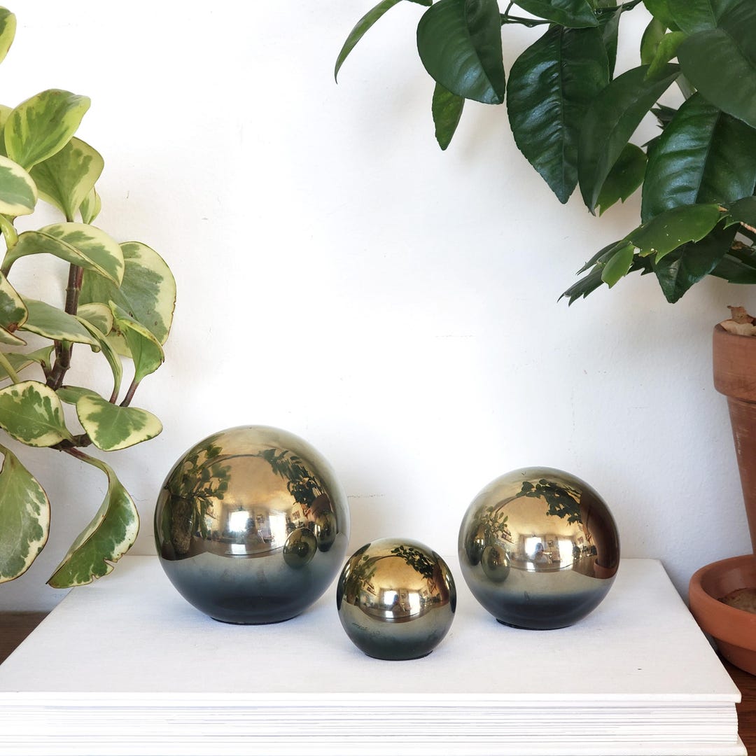 Set of 3 Metalized Iridescent Glass Ball Paperweights, Art Glass Orbs ...