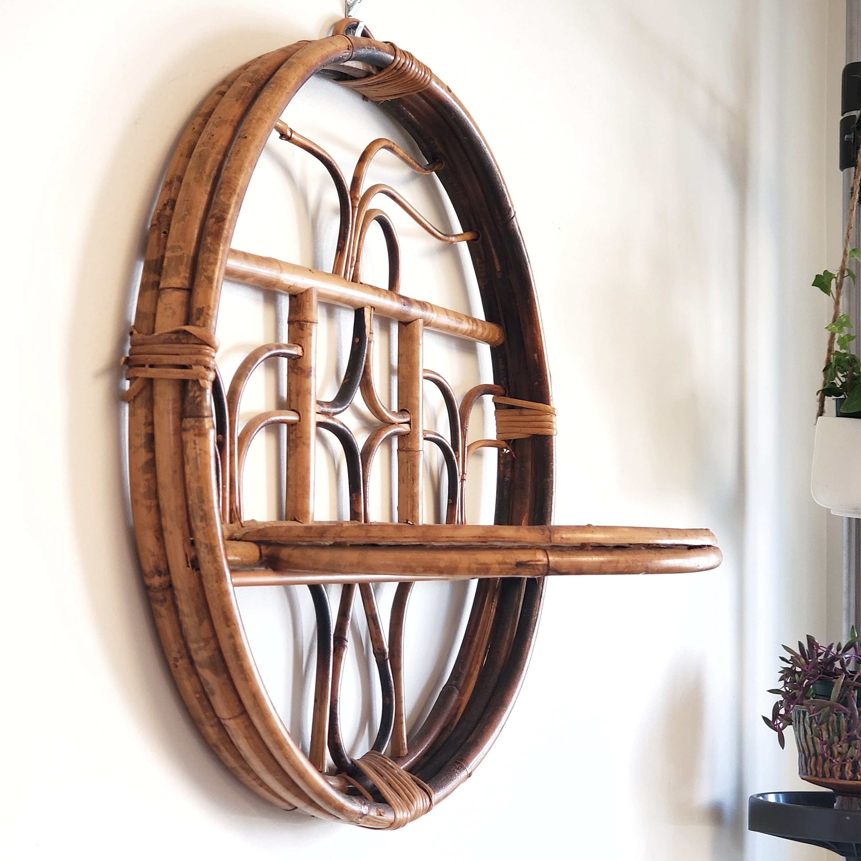 Vintage Bamboo Round Folding Wall Hanging Decorative Shelf, Mid Century ...