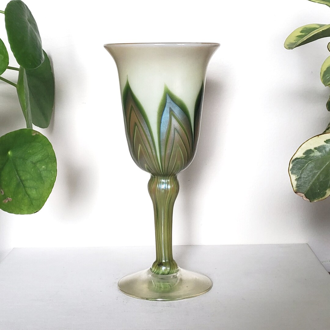 Art Glass Single Goblet, Aurene Iridescent Pulled Feather Stem Wine ...