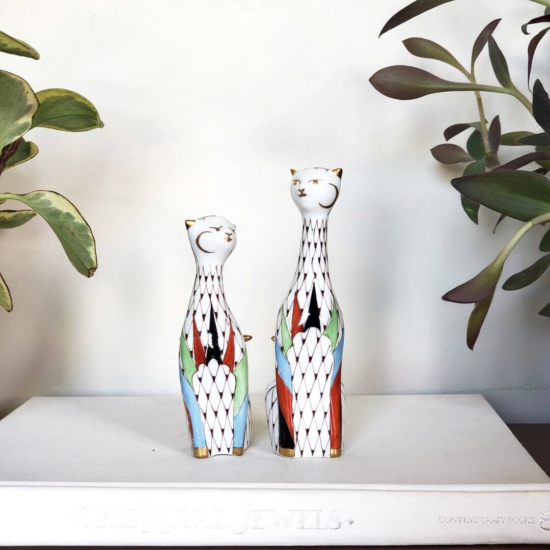 Pair of Hollohaza Fishnet Porcelain Cats, Hand Painted Hungarian ...