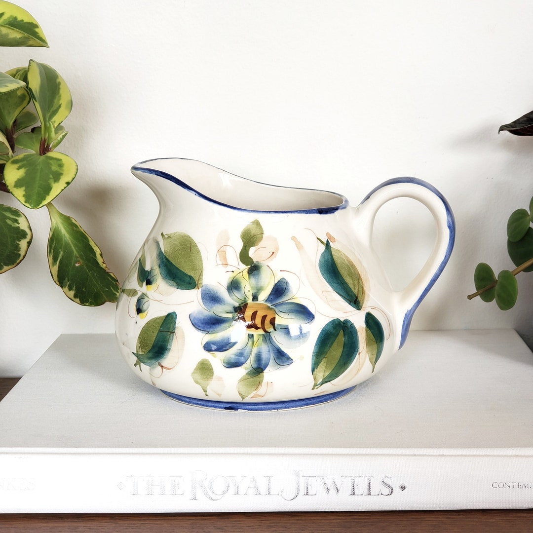 Hand Painted Pottery Jug With Blue Flowers, Ceramic Pitcher, Made in ...