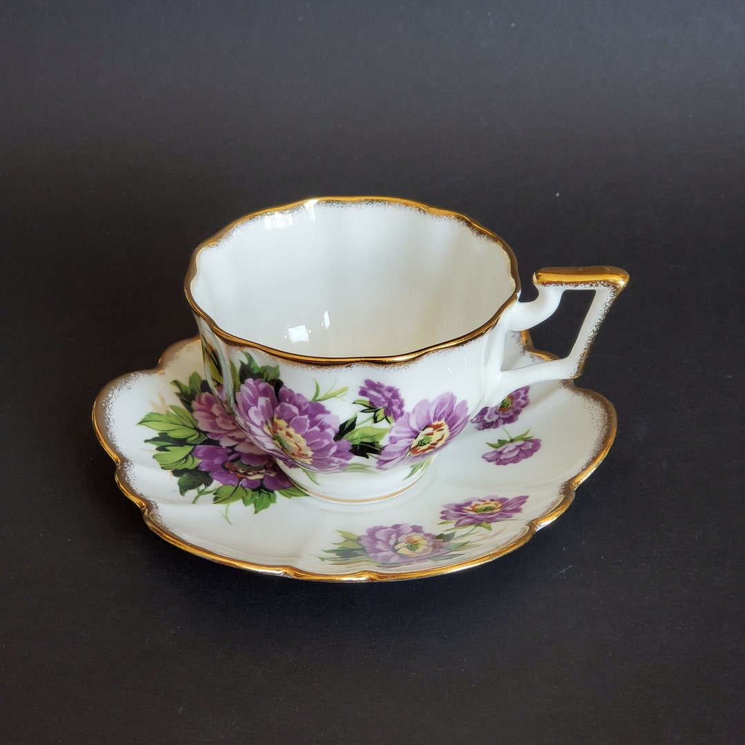 Salisbury Eventide Scalloped Shape Tea Cup and Saucer, Purple Flowers ...