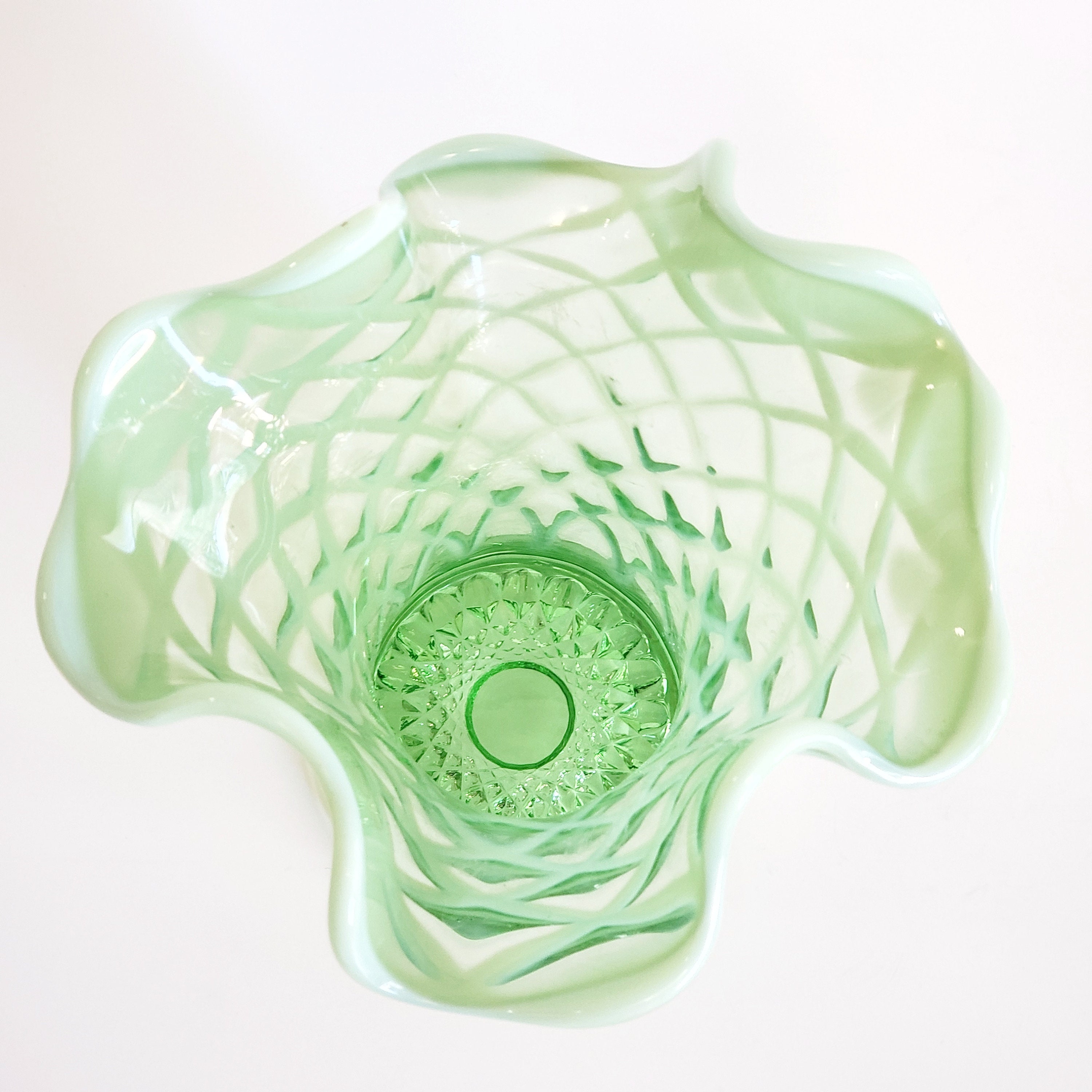 Jefferson or Fenton Opalescent Green Glass Diamond Pattern Vase With ...