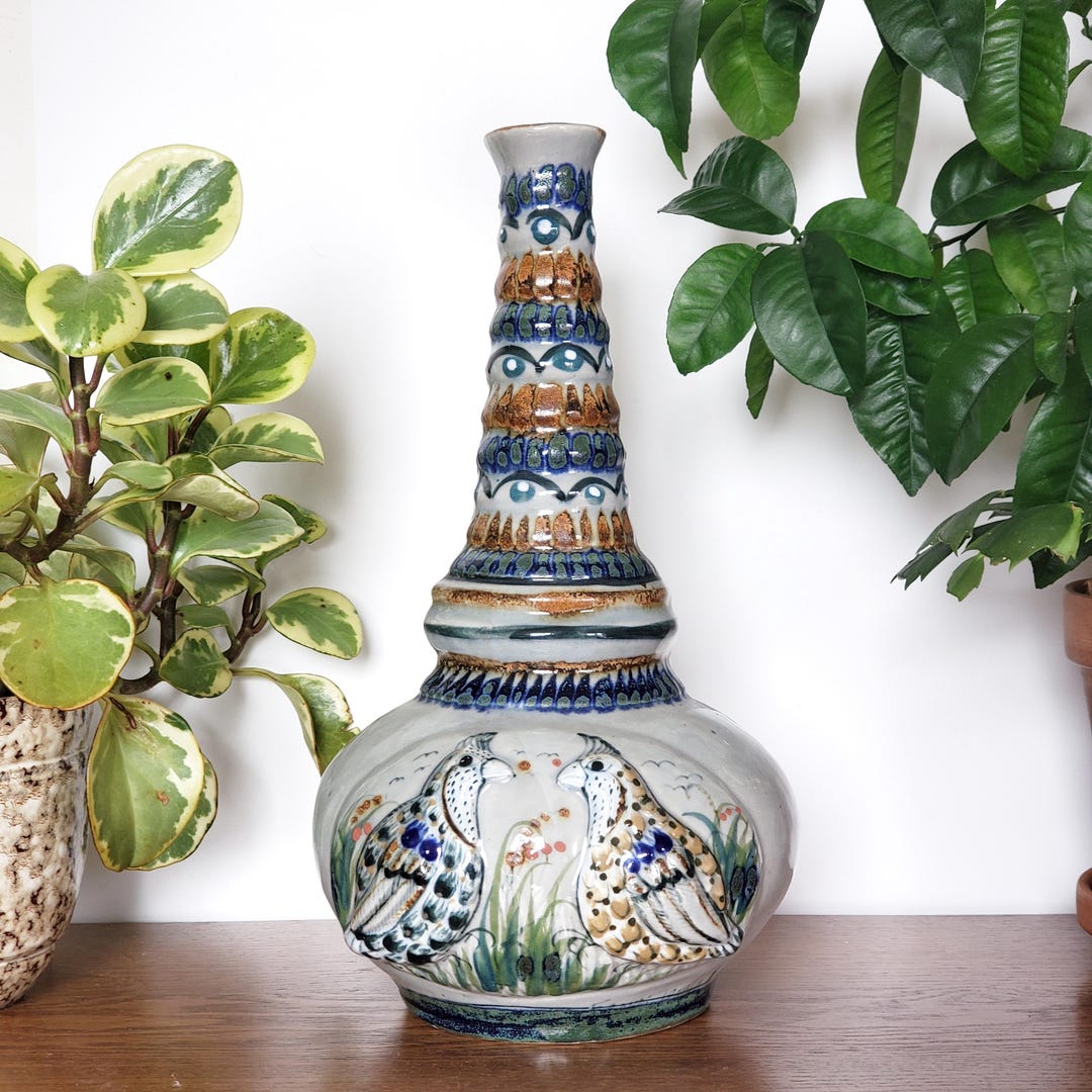 Tall Tonala Pottery Quail Vase or Bottle, Hand Painted Glazed Pottery ...