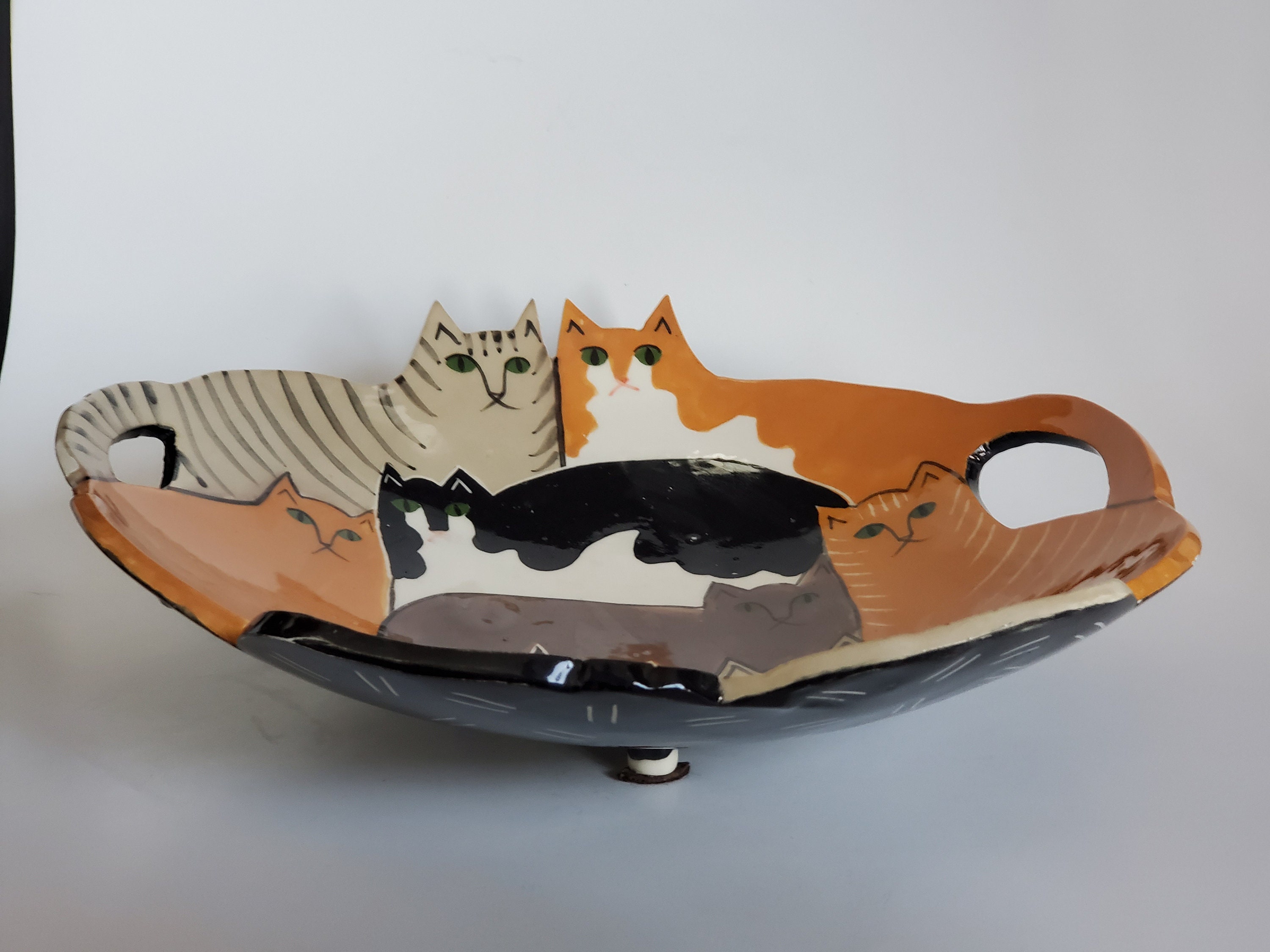 As is Solveig Cox Cat Pottery Platter, Footed Cat Plate, Signed - Etsy
