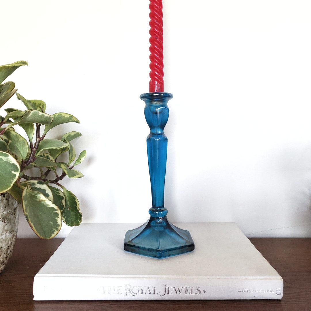 Northwood Colonial Blue Stretch Glass Candlestick Holder, Iridescent ...