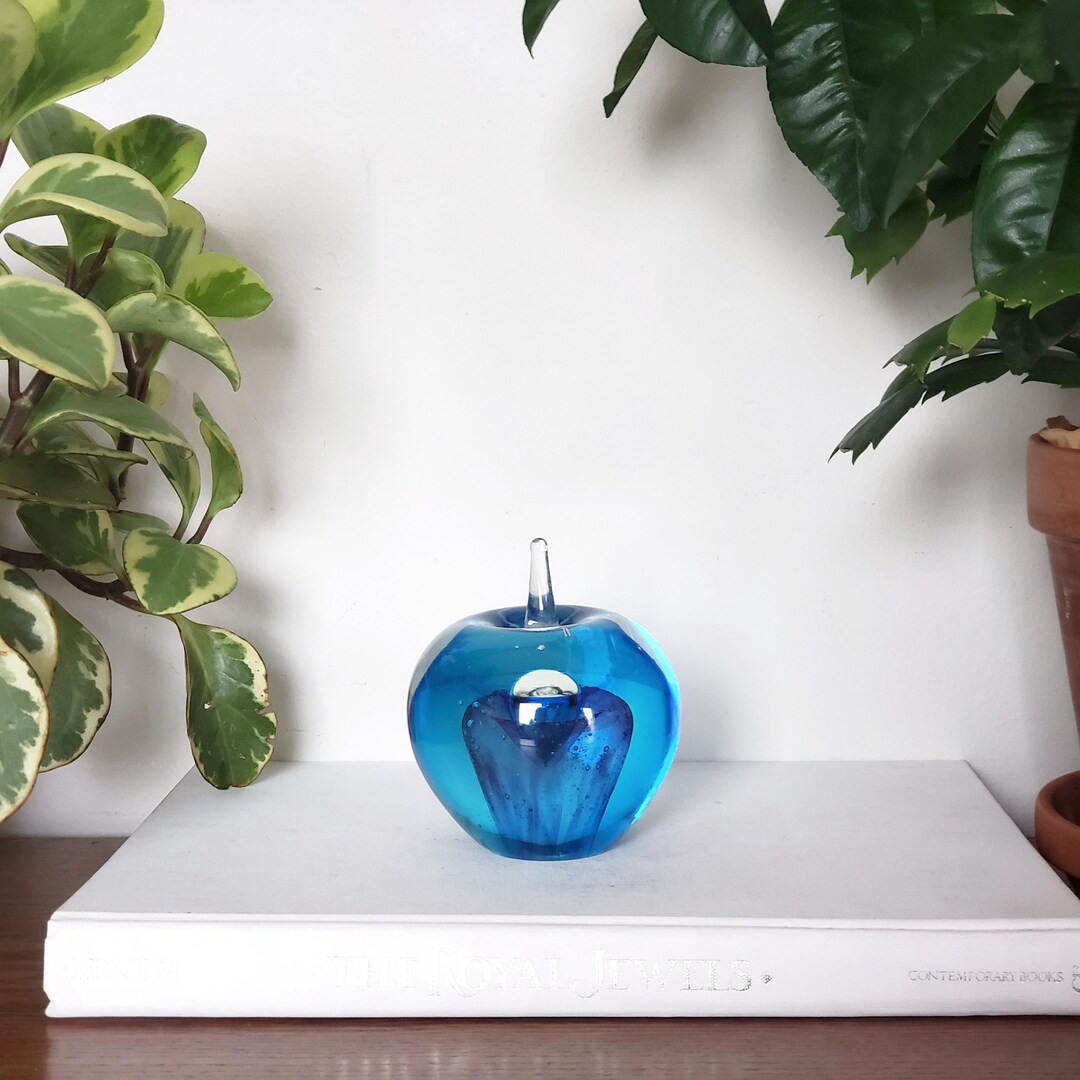 Blue Glass Apple Paperweight, Art Glass Paperweight With Blue Swirls ...