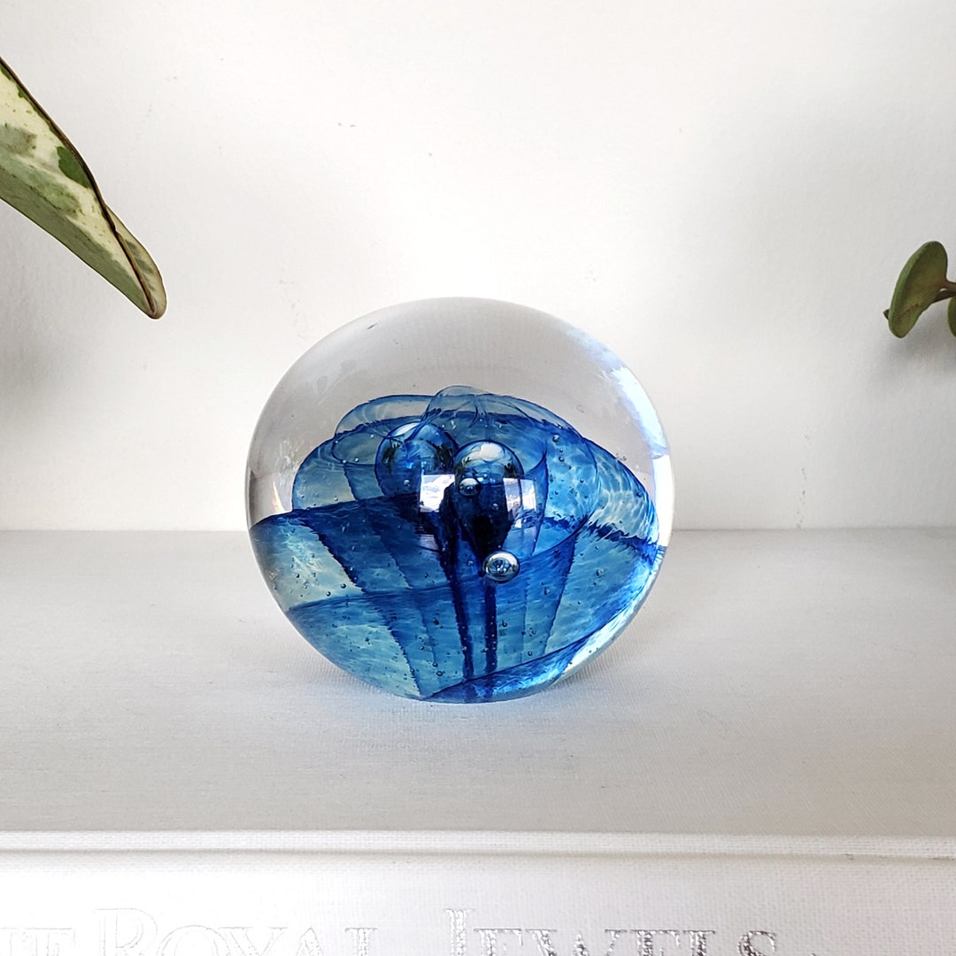 GES Ball Paperweight, Art Glass Paperweight With Blue Swirls, Glass Eye ...