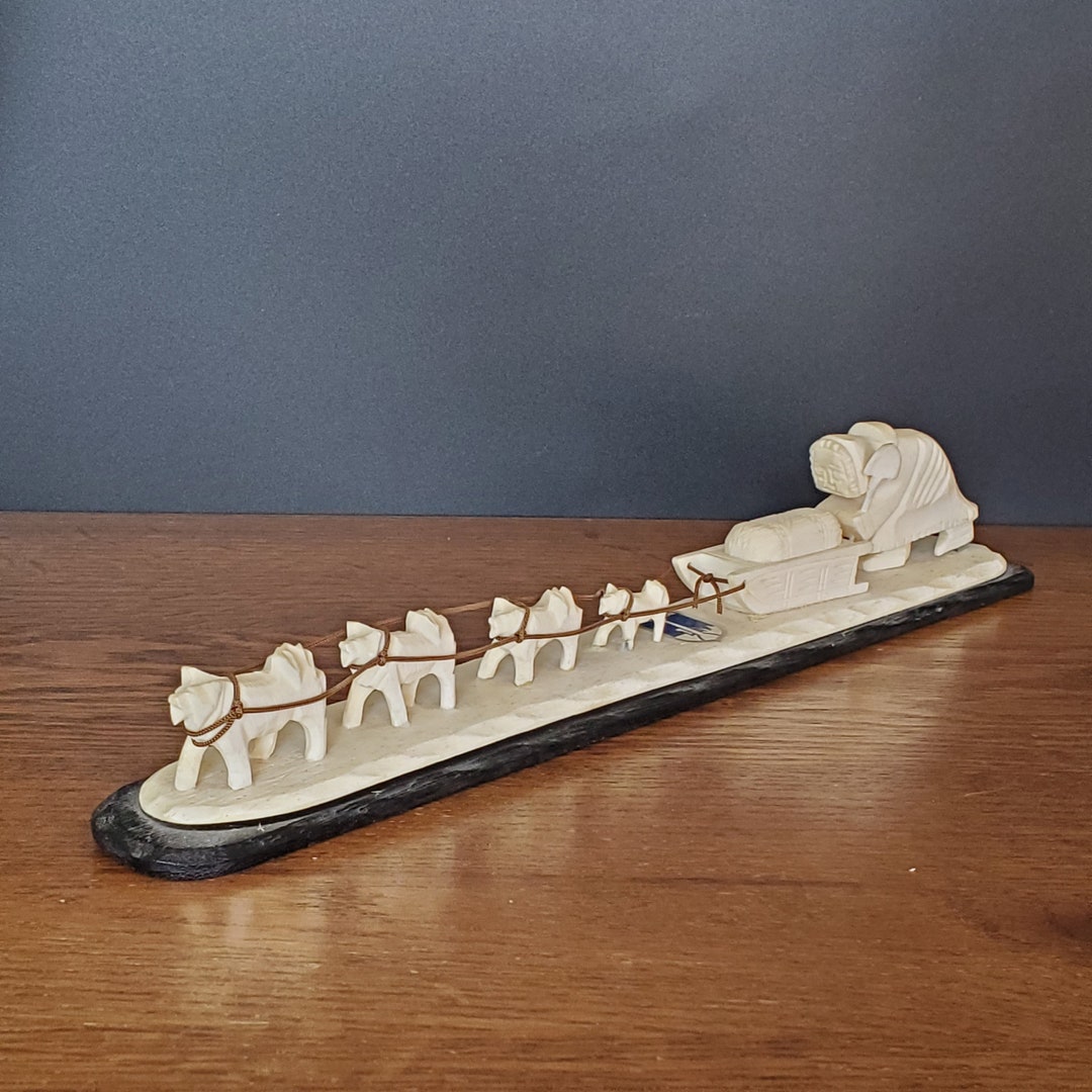 12.5 Inch Long Vintage Inuit Carved Bone on Wood Dog Sled Scene From ...