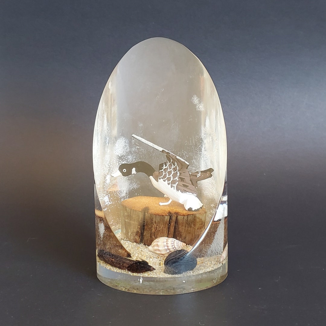 Vintage Lucite Paperweight With Carved Wood Duck, Lucite Block ...