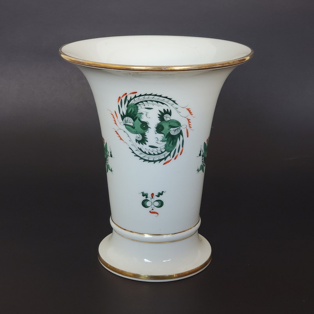 Meissen Green Dragon Flute Vase With Gold Rims, 2 Dragons and 2 Phoenix ...