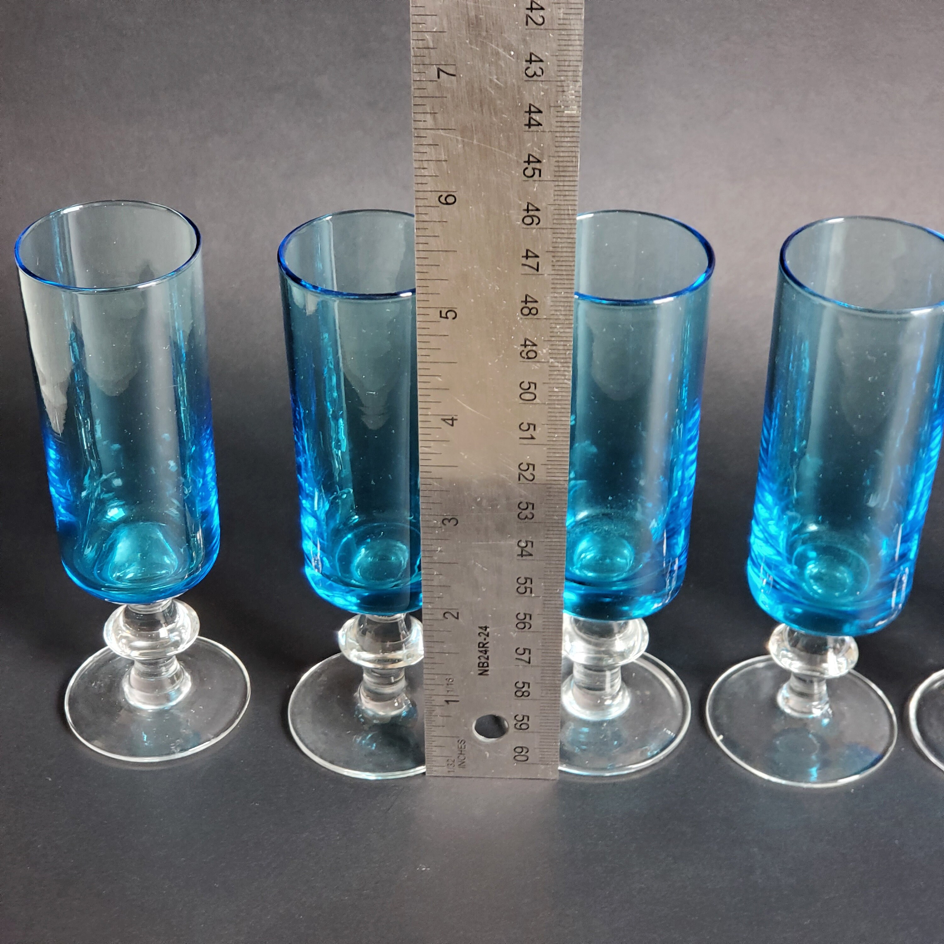 Blue and Clear Glass Ewer With 6 Glasses, Empoli , Footed Decanter With ...