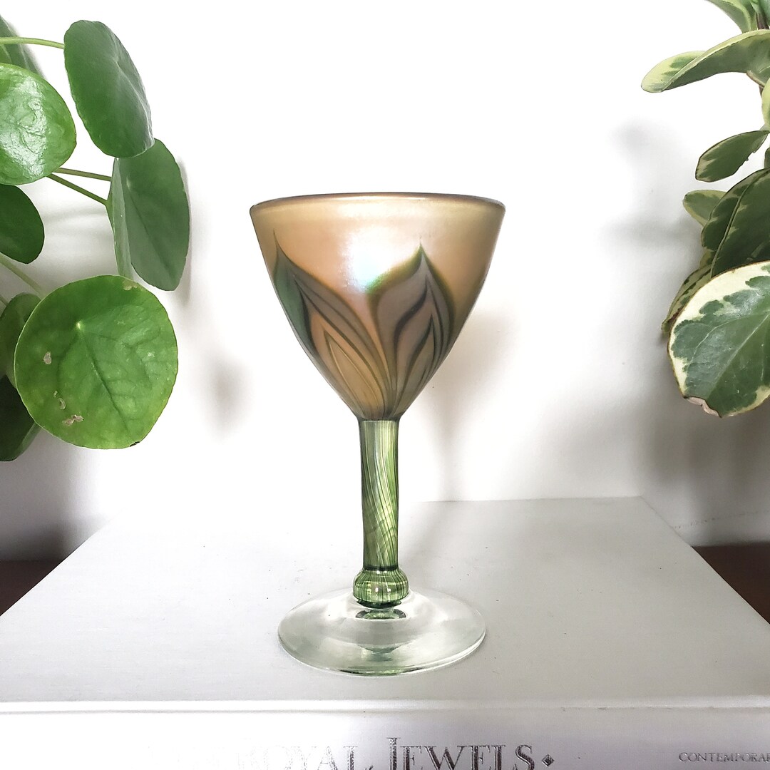 Art Glass Single Goblet, Aurene Iridescent Pulled Feather Stem Wine ...