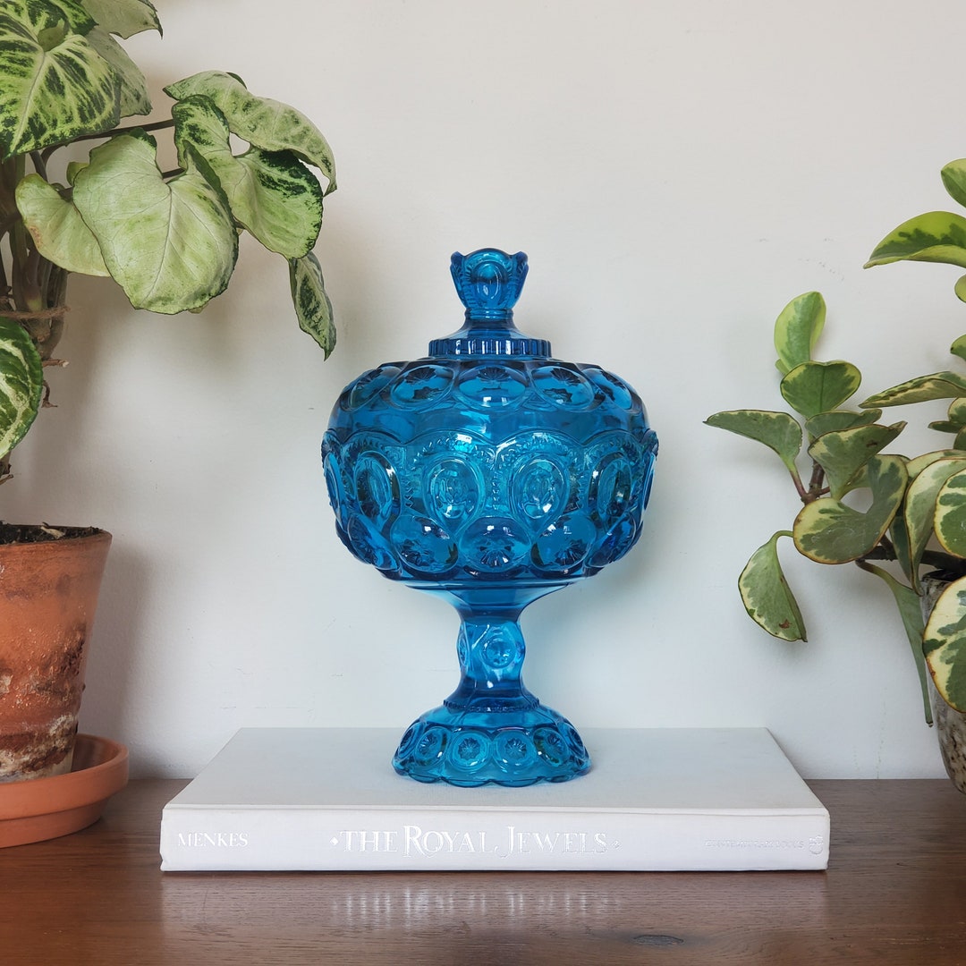 LE Smith Candy Dish With Lid Moon and Stars Teal Blue Glass, 9.75 ...