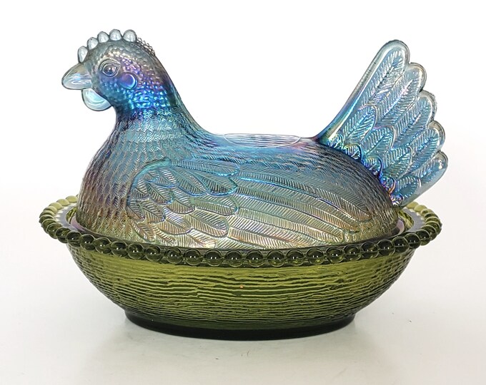 Blue Carnival and Green Glass Hen on Nest by Indiana Glass, Farmhouse ...