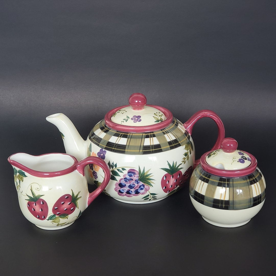 Teapot, Creamer and Sugar by Oneida, Strawberry Plaid, Hand Painted ...
