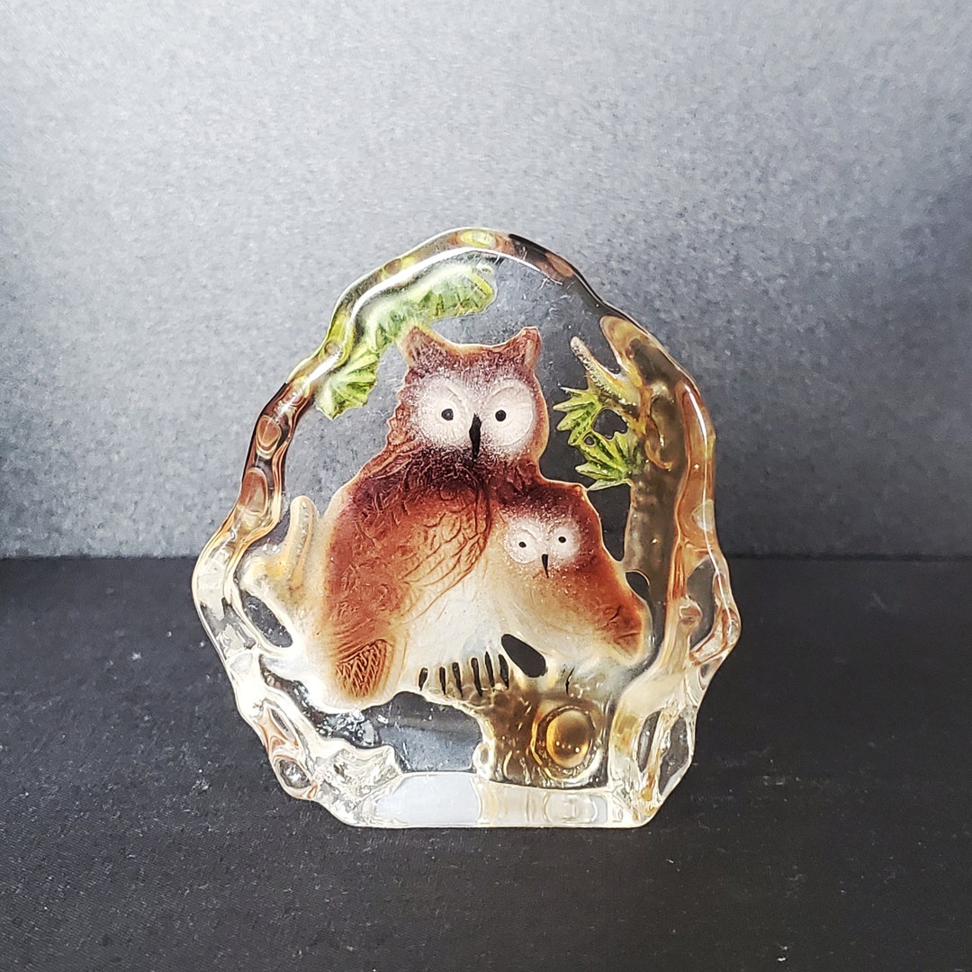 Carved Crystal 2 Owls on A Pine Tree Paperweight - Etsy