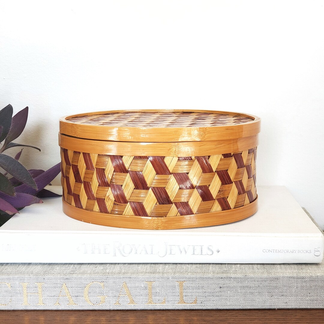 Round Wicker Bamboo Box, Trinket Box, Decorative Storage, Mosaic Bamboo ...