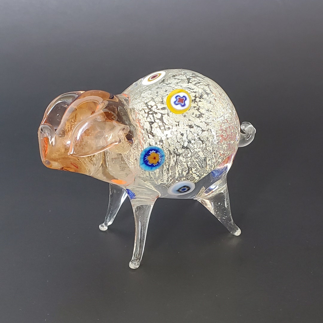 Art Glass Piggie Figurine With Canes and Silver Foil, Handblown Glass ...