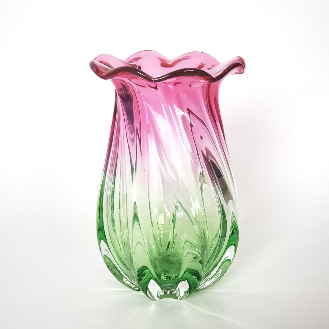 Vintage Teleflora Watermelon Ribbed and Twisted Glass Vase With Ruffled ...