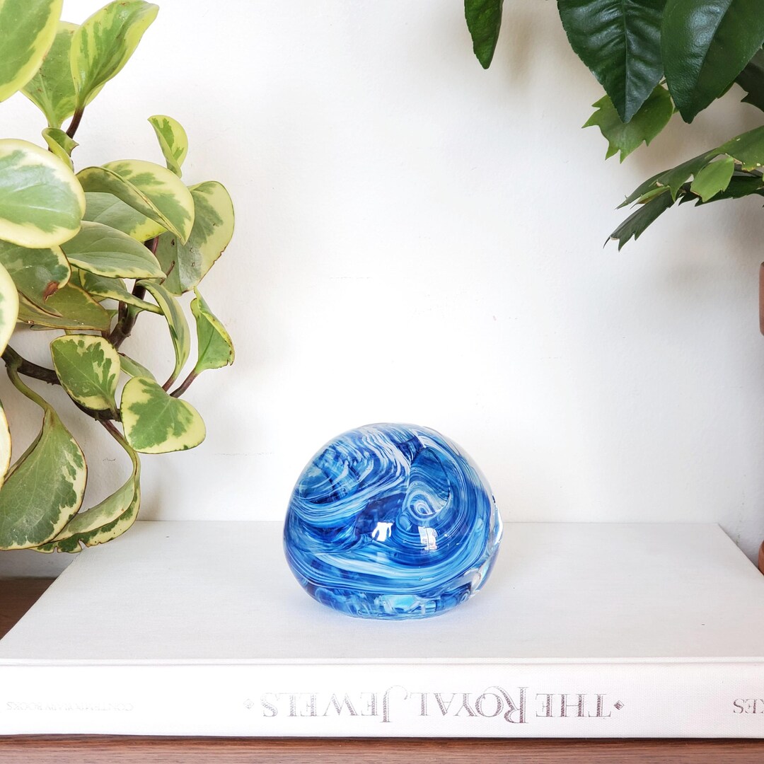Handblown Art Glass Paperweight With Blue and White Swirls, Ball ...