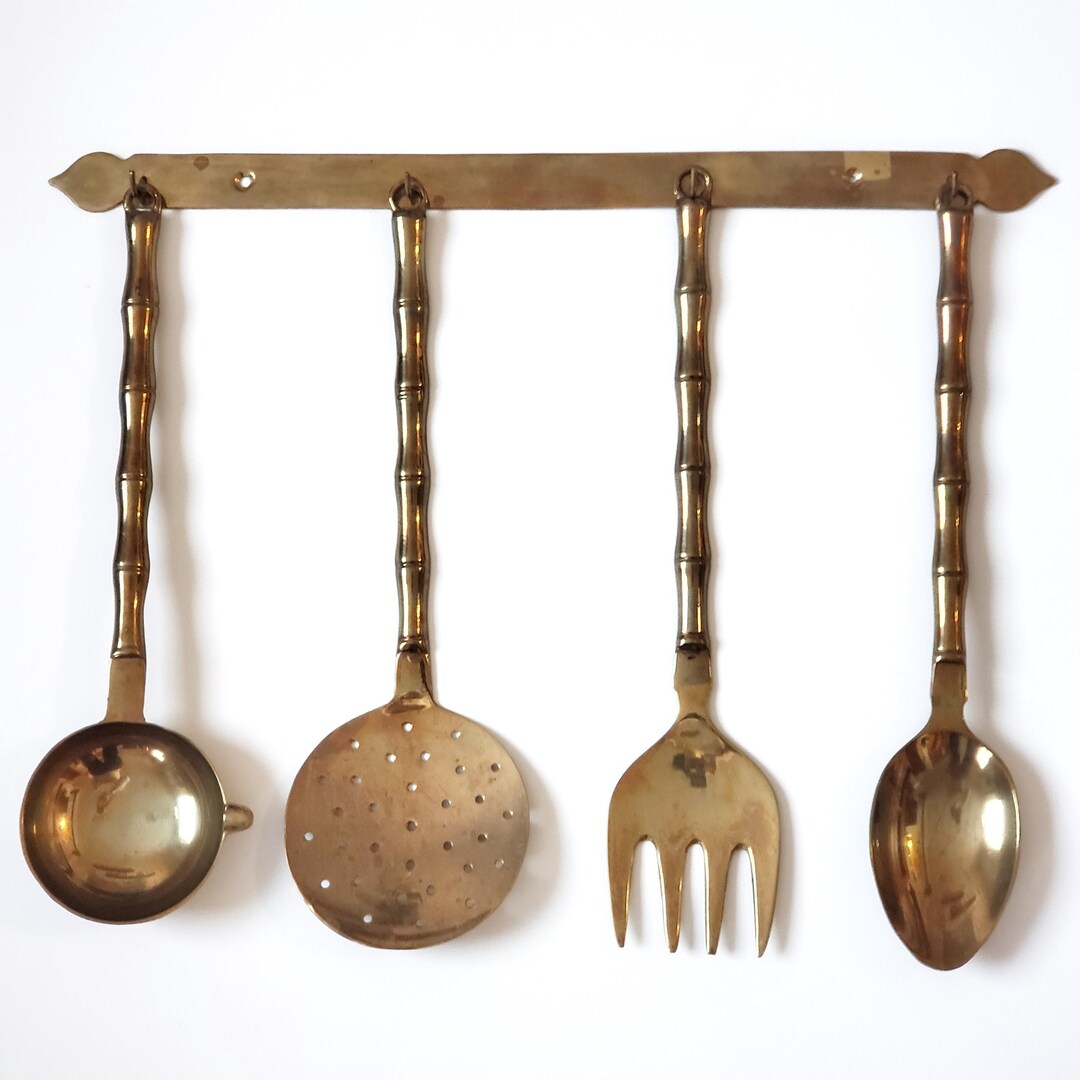 Vintage Brass Decorative Kitchen Utensil Set With Hanging Rack, Ladle ...
