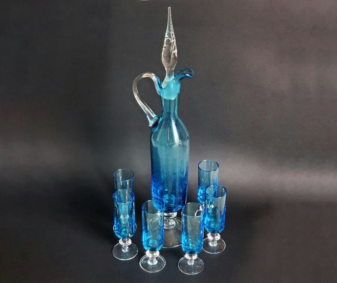 Blue and Clear Glass Ewer With 6 Glasses, Empoli , Footed Decanter With ...