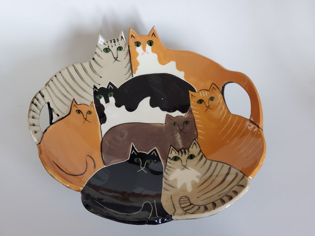 As is Solveig Cox Cat Pottery Platter, Footed Cat Plate, Signed - Etsy