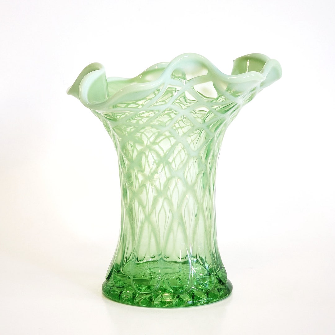 Jefferson or Fenton Opalescent Green Glass Diamond Pattern Vase With ...