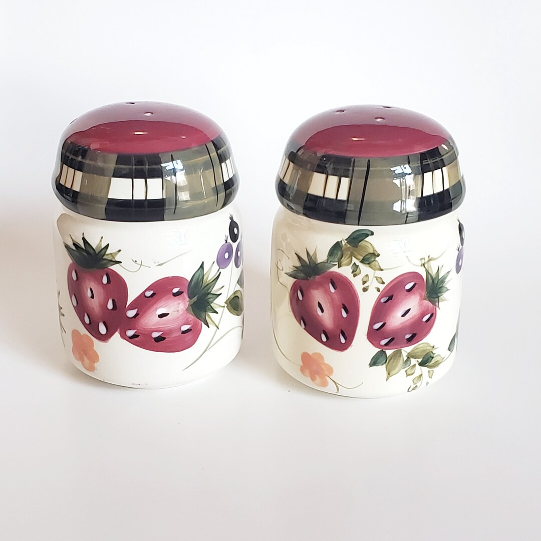 Set of Salt and Pepper Shakers, Oneida, Strawberry Plaid, Hand Painted ...