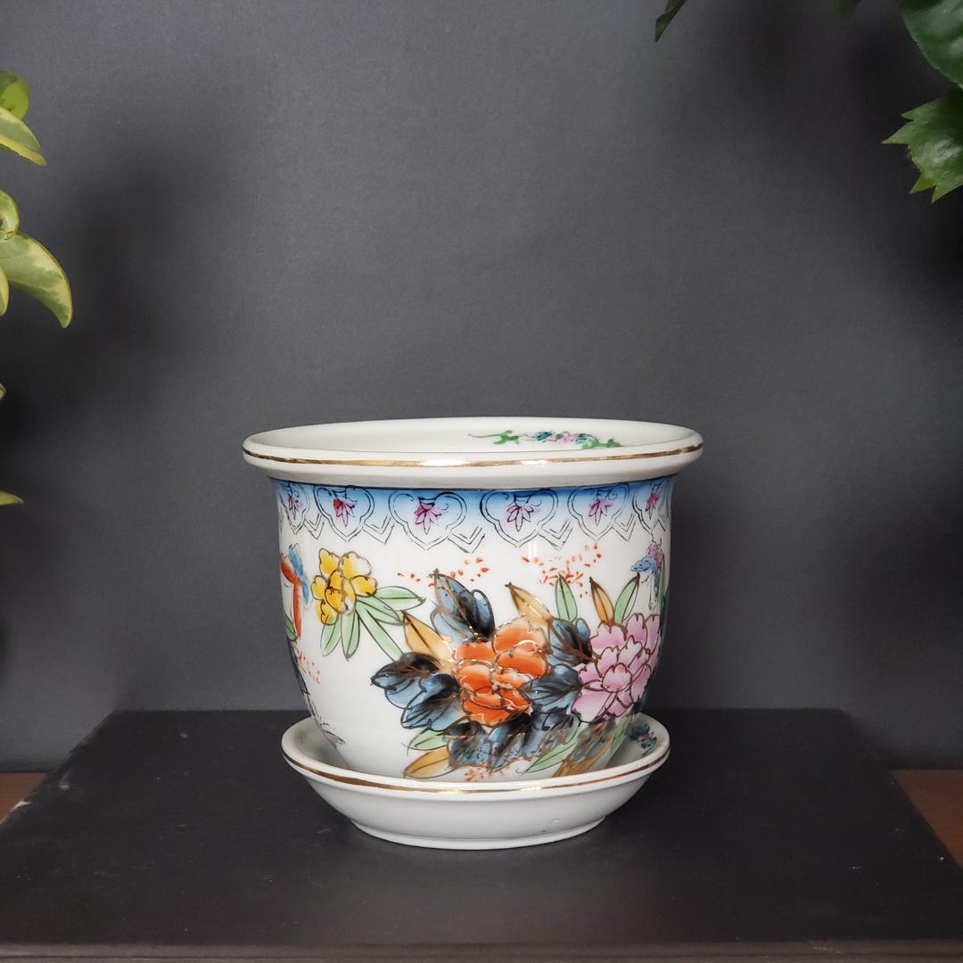 Chinese Hand Painted Ceramic Plant Pot With Flowers and Butterfly ...