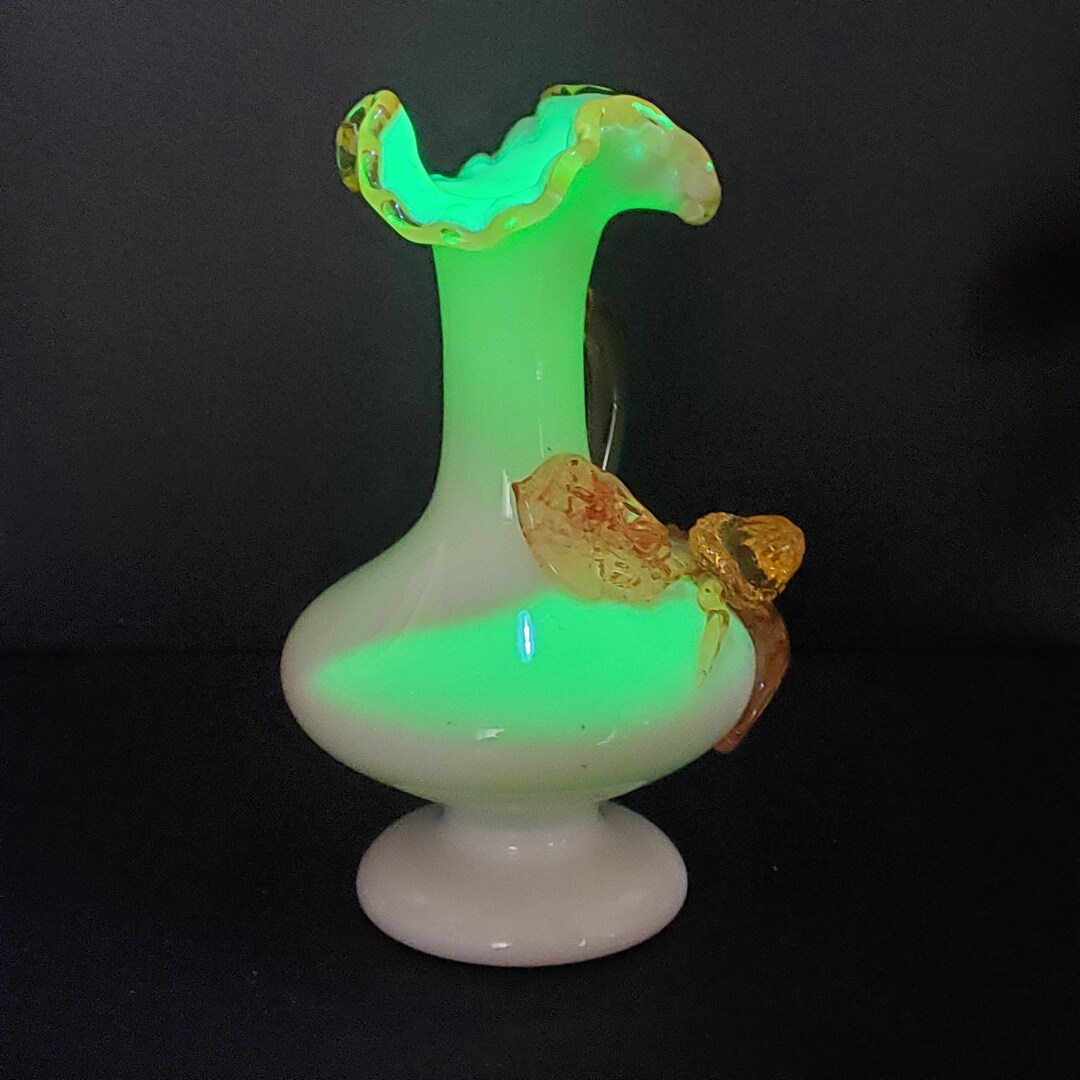 Stevens and Williams Uranium Milk Glass Hand Blown Vase With Applied ...