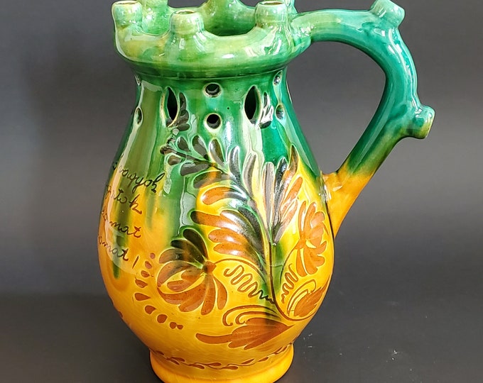 Vintage Puzzle Jug, Folk Art Ewer, Green and Yellow Glaze Ceramic ...