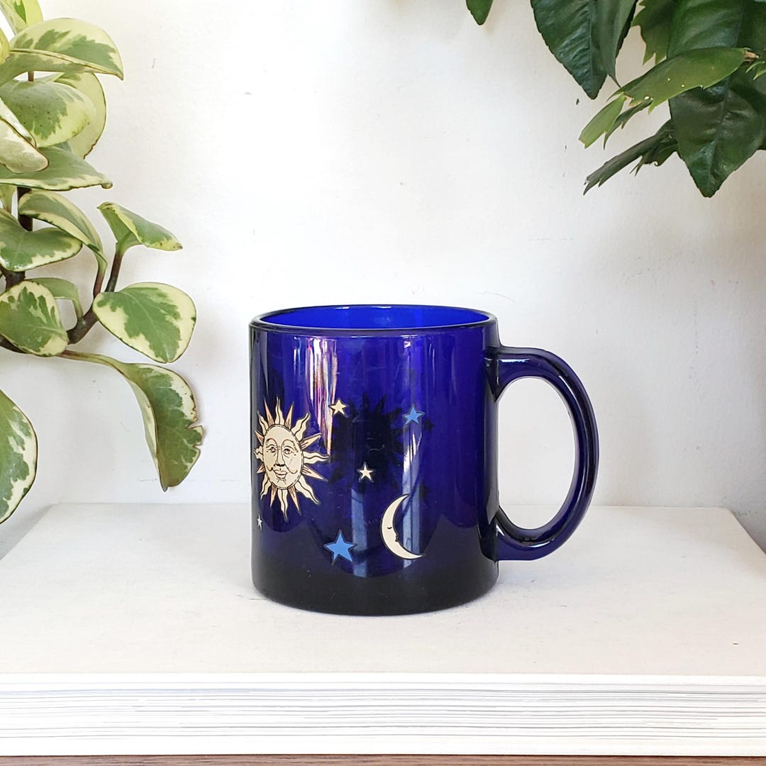 Celestial Libbey Glass Mug USA Cobalt Blue Sun Moon Stars Large Coffee ...