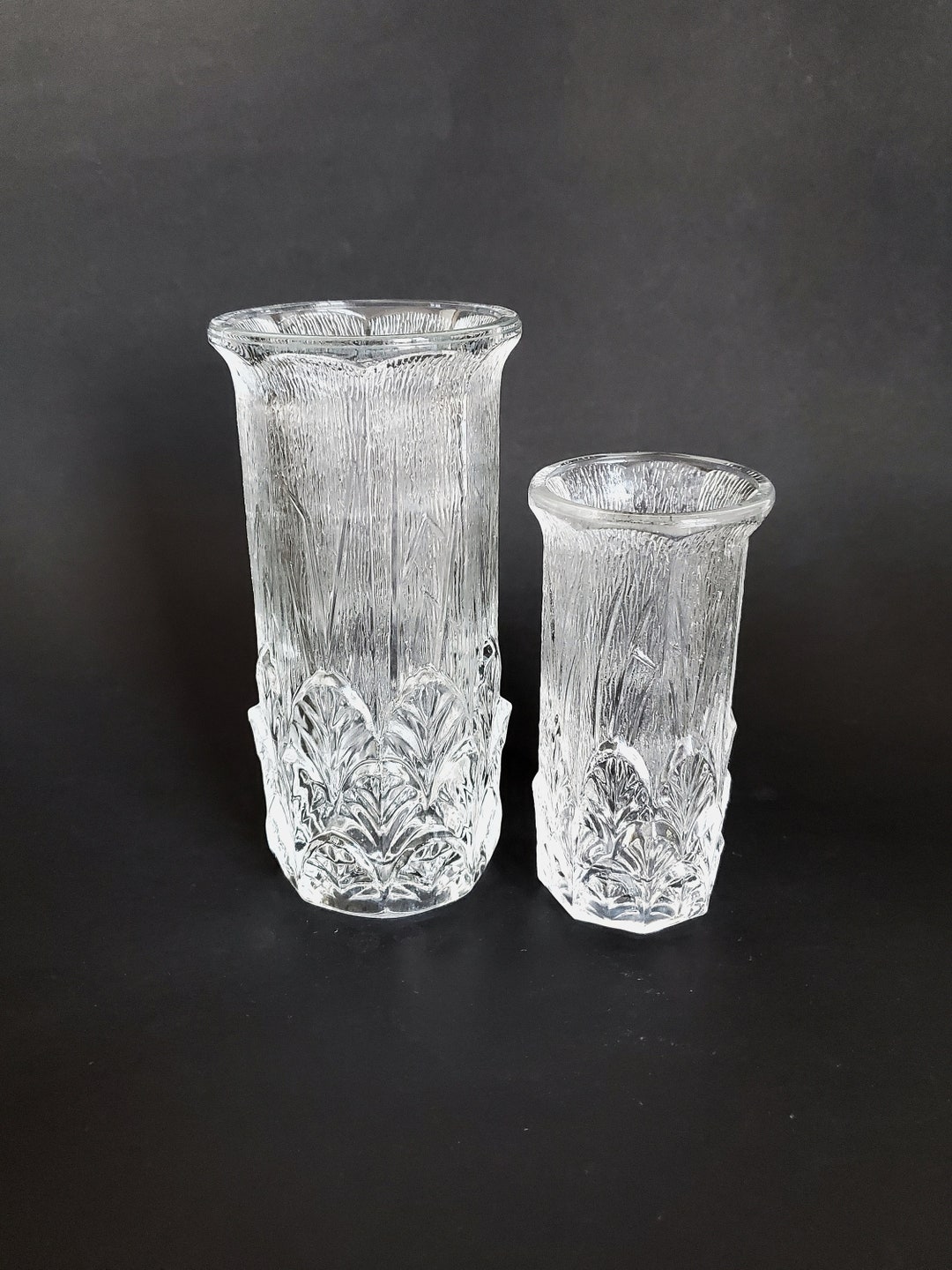 Pair of Vintage Fidenza Clear Glass Vases, Leaf Pattern Textured Glass ...